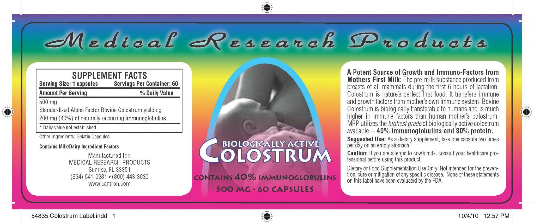 Bovine Colostrum, 500 mg/60 Capsules, 60% Immunoglobulins